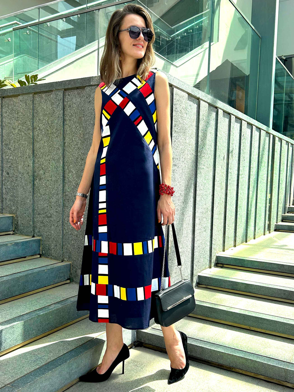 Poppie California Colors Mondrian Hand Woven Cotton Patchwork Dress ...