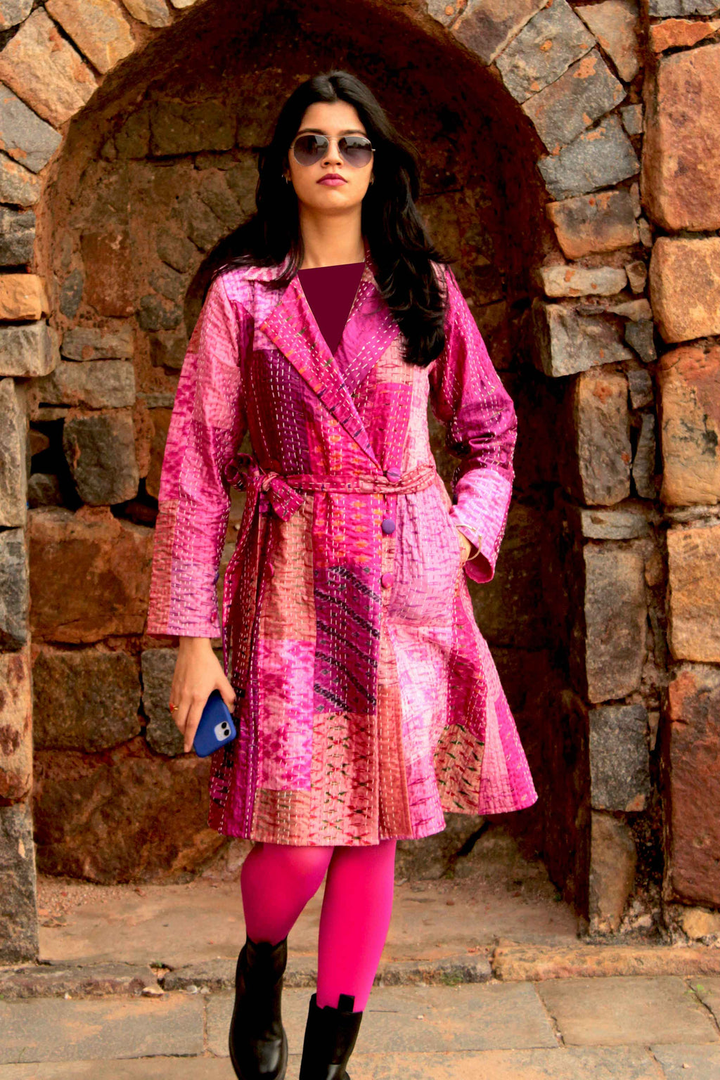 Hennessy - Parisian Pinks Patola Silk Patchwork Kantha Trench Coat ...