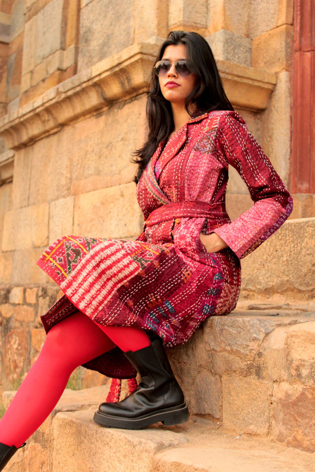 Hennessy - Romantic Rosette Patola Silk Patchwork Kantha Trench Coat ...